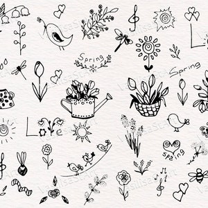 52 Spring Doodles Vector Pack, Svg Doodles, Black and White Clipart ...