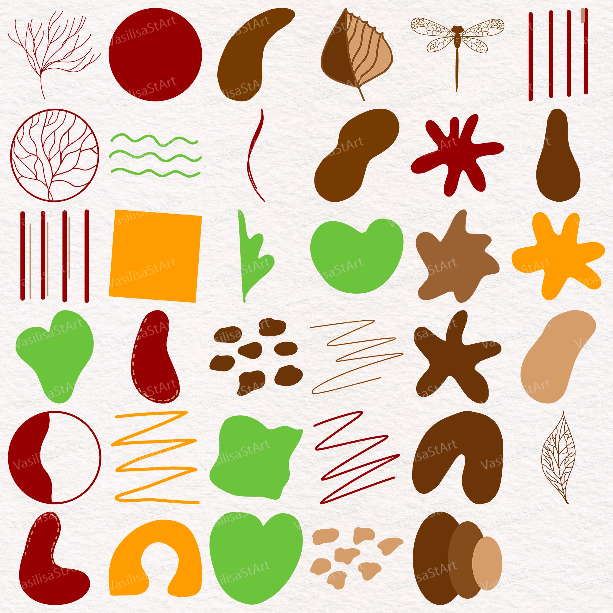 Boho Clipart, Modern Abstract Shapes Clipart, PNG Brown, Green ...