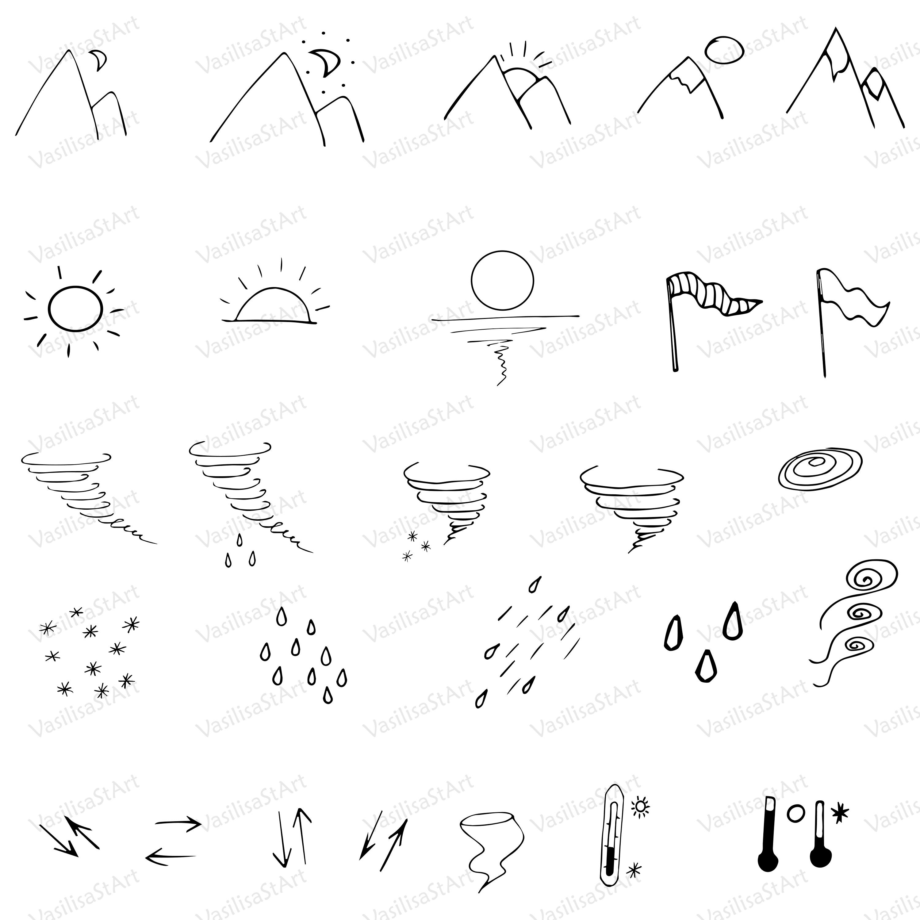 56 Weather Doodles Vector Pack, Svg Doodles, Black and White Clipart ...