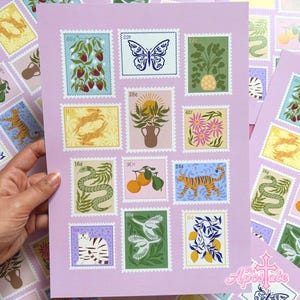 A4 Pink Stamp Collection Wall Print | Funky Nature Cute Bedroom Soft ...