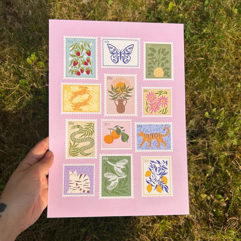 A4 Pink Stamp Collection Wall Print | Funky Nature Cute Bedroom Soft ...