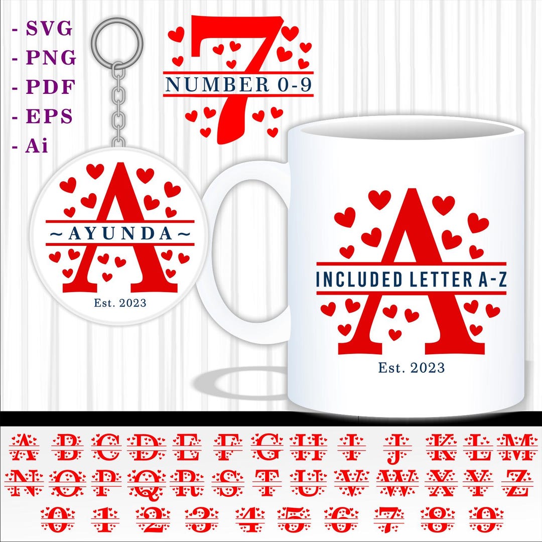 Love Hearts Split Font Alphabet Monogram Letters Set A-Z SVG Designs ...