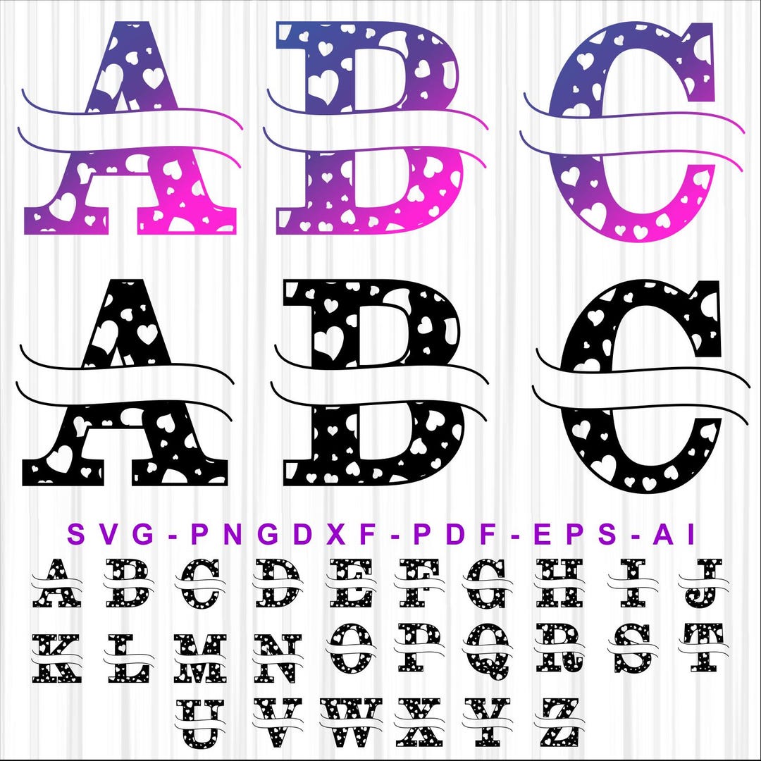 Doodle Love Hearts Split Font Alphabet Monogram Letters Set A-Z SVG ...