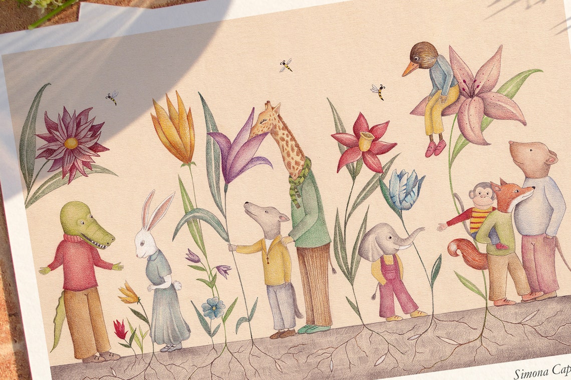 Animals and Flowers Art Print, Animal Friends Illustration, Nursery ...