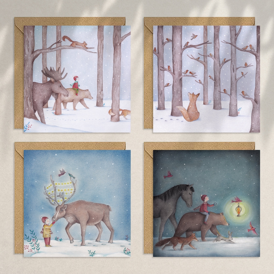 Set of 4 Greeting Cards, Woodland Animals Illustrated Christmas Cards ...