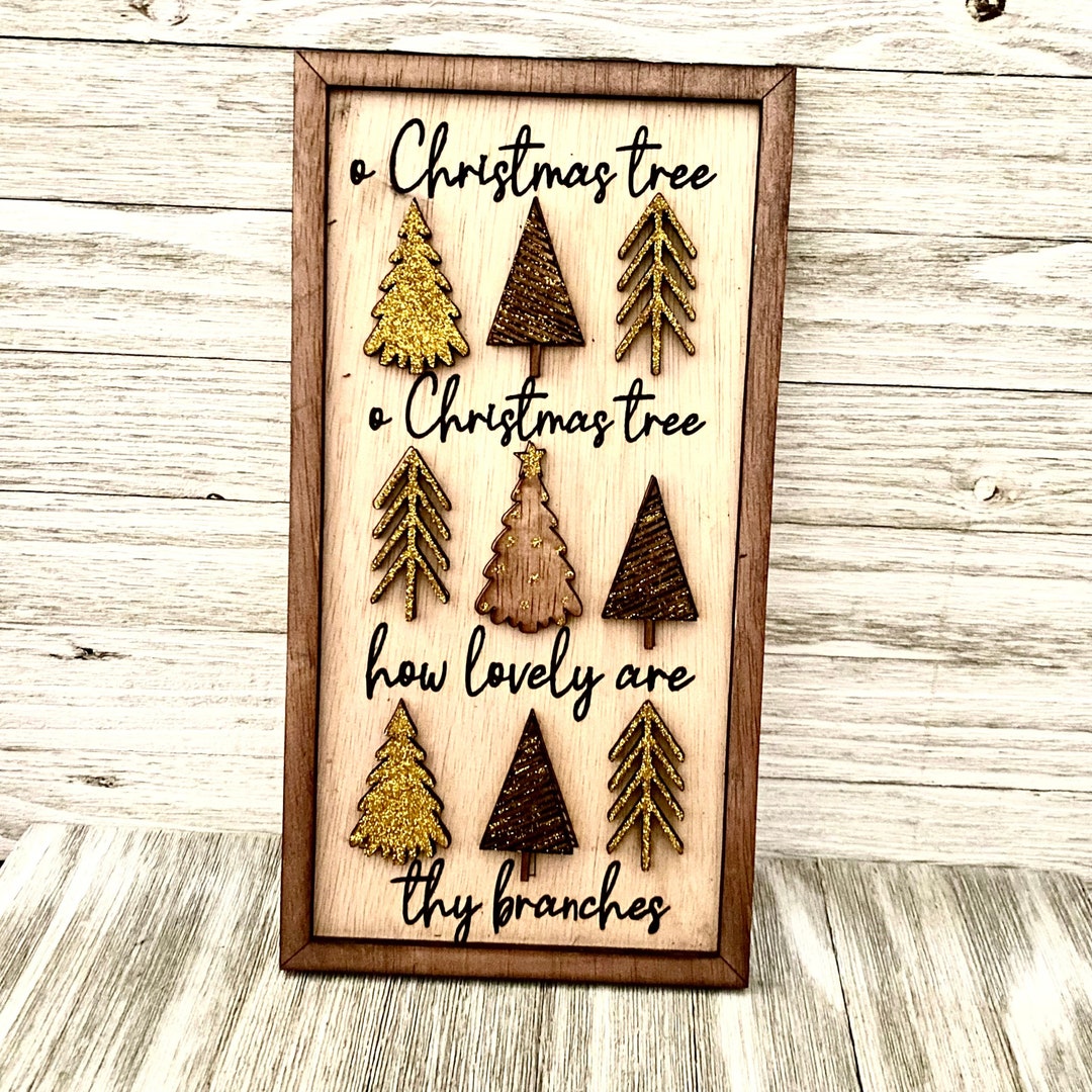 O Christmas Tree Gold Glitter Wood Sign | 3D Laser Christmas Tree Wood ...
