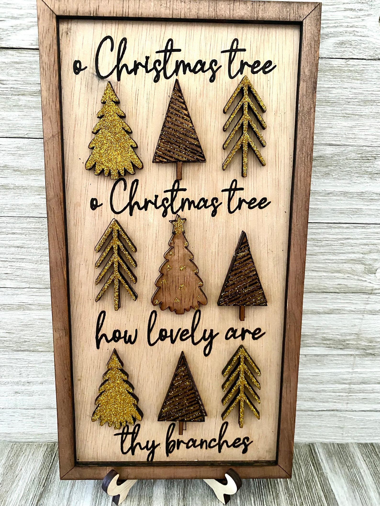 O Christmas Tree Gold Glitter Wood Sign | 3D Laser Christmas Tree Wood ...