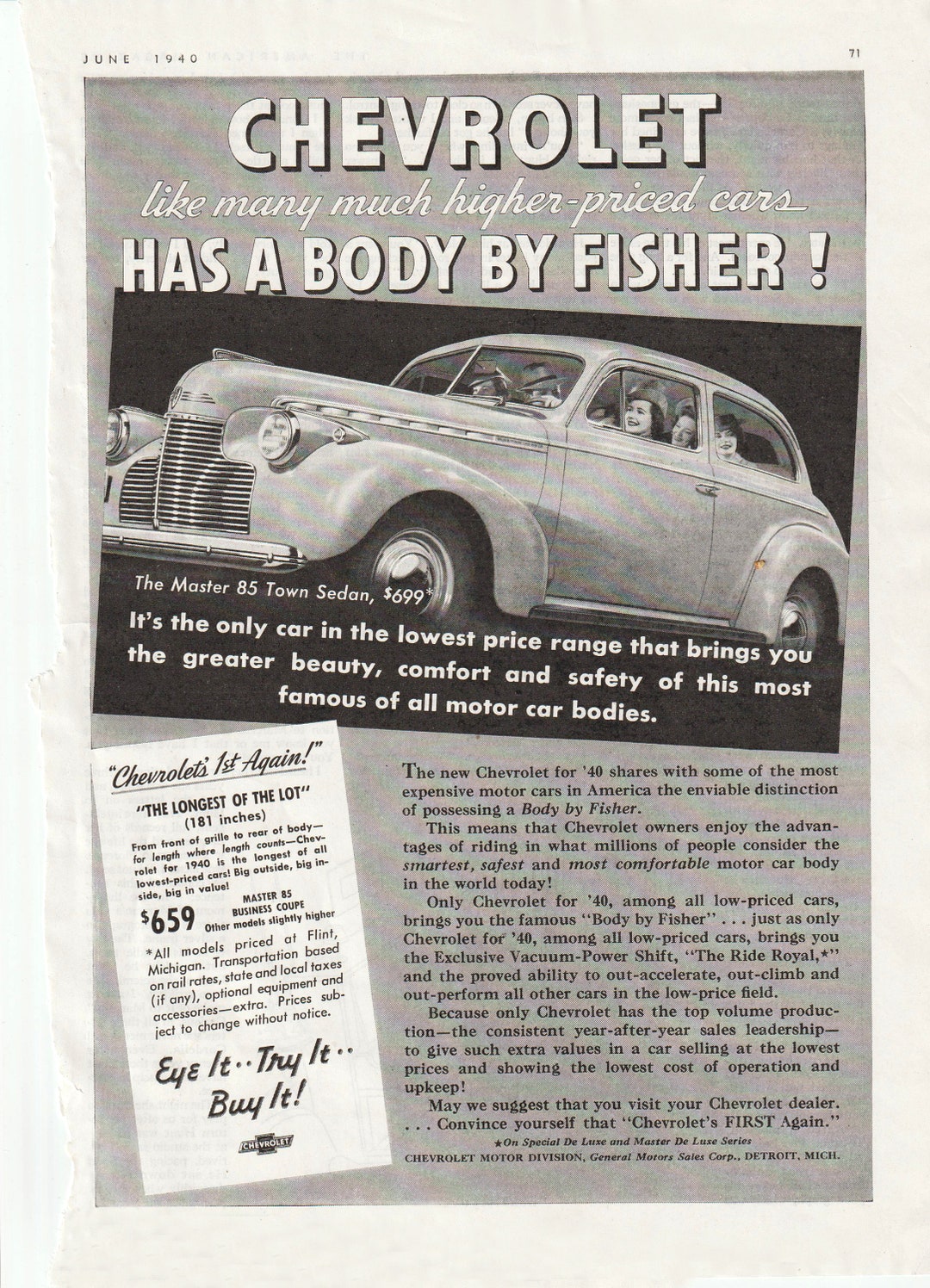 40' Chevy Ad, Vintage Print Magazine Advertising, Ephemera, Car ...