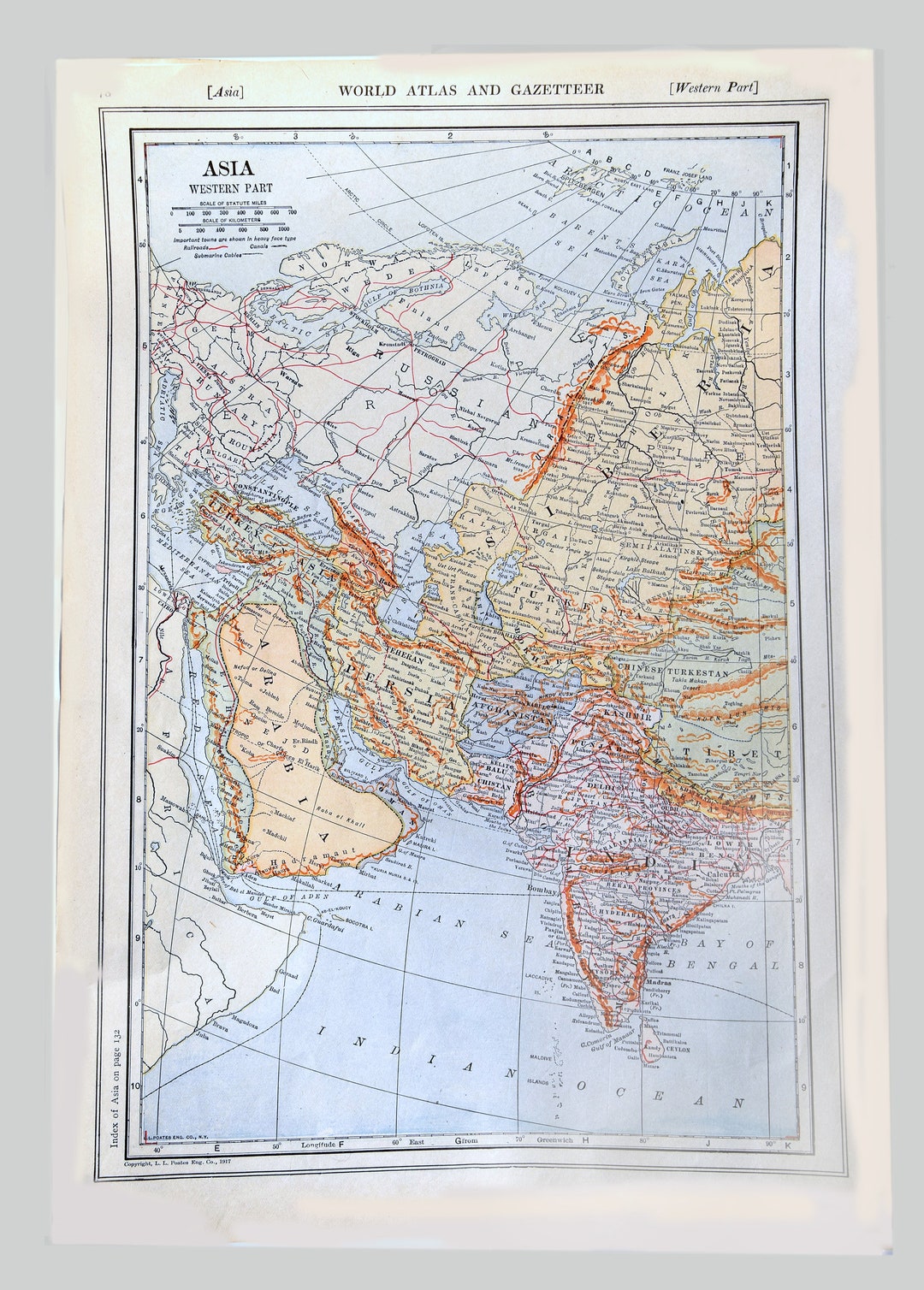 1917 Vintage Asia Map: India, Turkey, Russia, Arabia, Persia ...