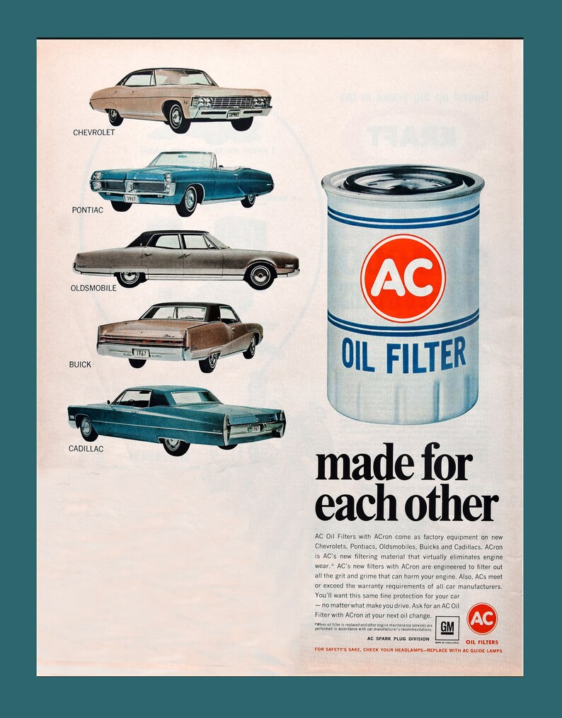 1967 AC Oil Filter Magazine Ads, Vintage Ephemera for Auto Shops and ...