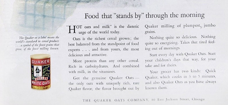 Quaker Oats Cereal Vintage Ad: Nostalgic Breakfast Memorabilia & Retro ...