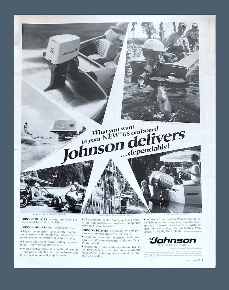1968 Johnson Boat Outboard Motor Vintage Magazine Advertising ...
