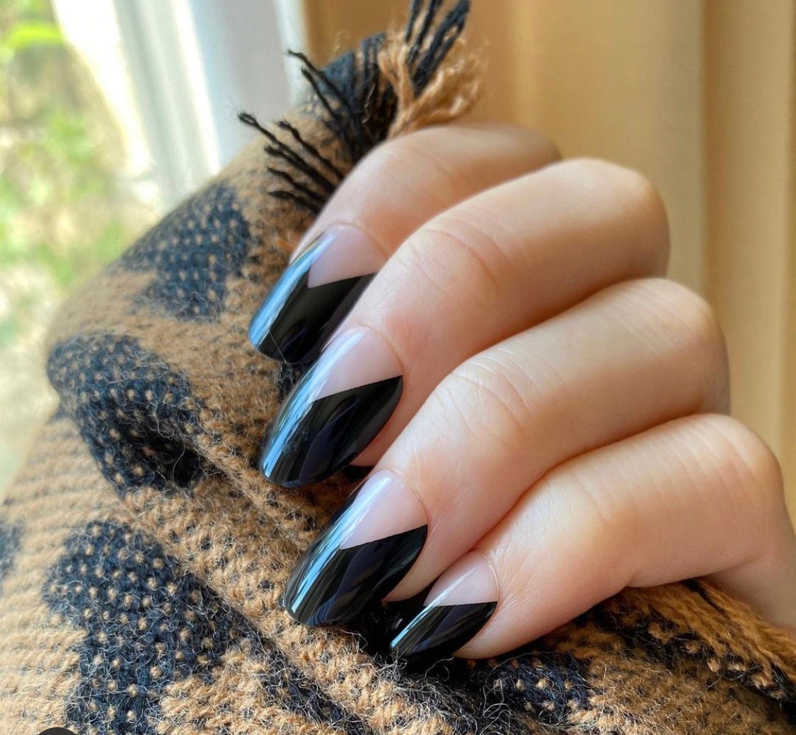 Negative Space Black Nails Artificial Nails Reusable Glue | Etsy