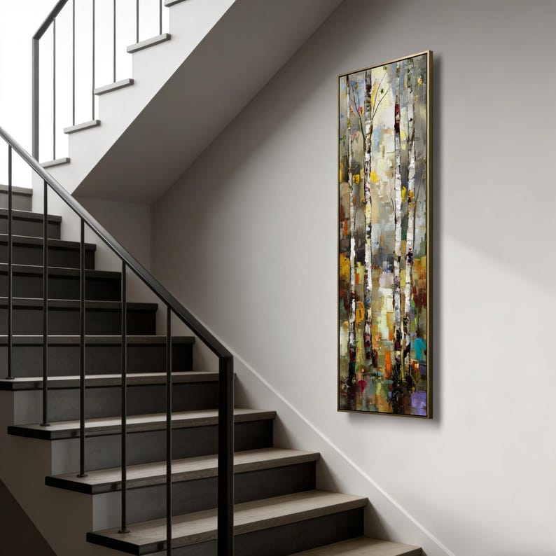 Long Birch Tree Canvas Wall Art: Colorful Tree Painting, Tall Vertical ...