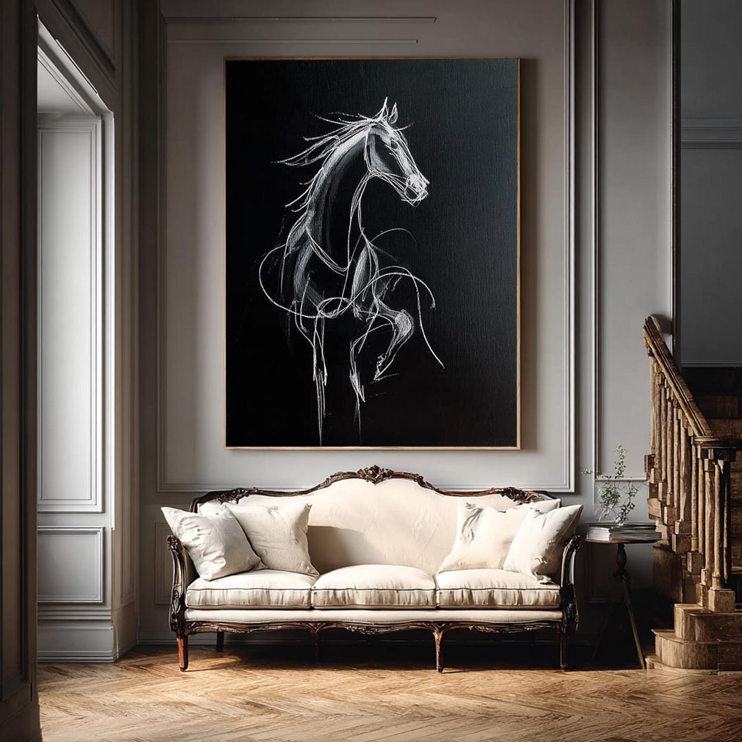 Black and White Horse Oil Painting: Modern Stick Figure Animal Art - Etsy