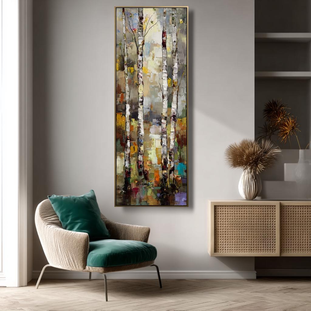 Long Birch Tree Canvas Wall Art: Colorful Tree Painting, Tall Vertical ...
