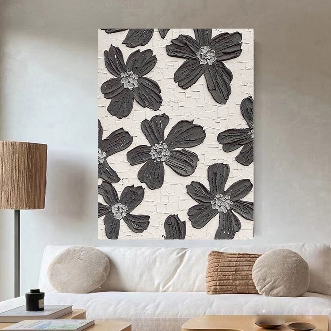 Black and White Flower Painting on Canvas Modern Abstract Thick ...
