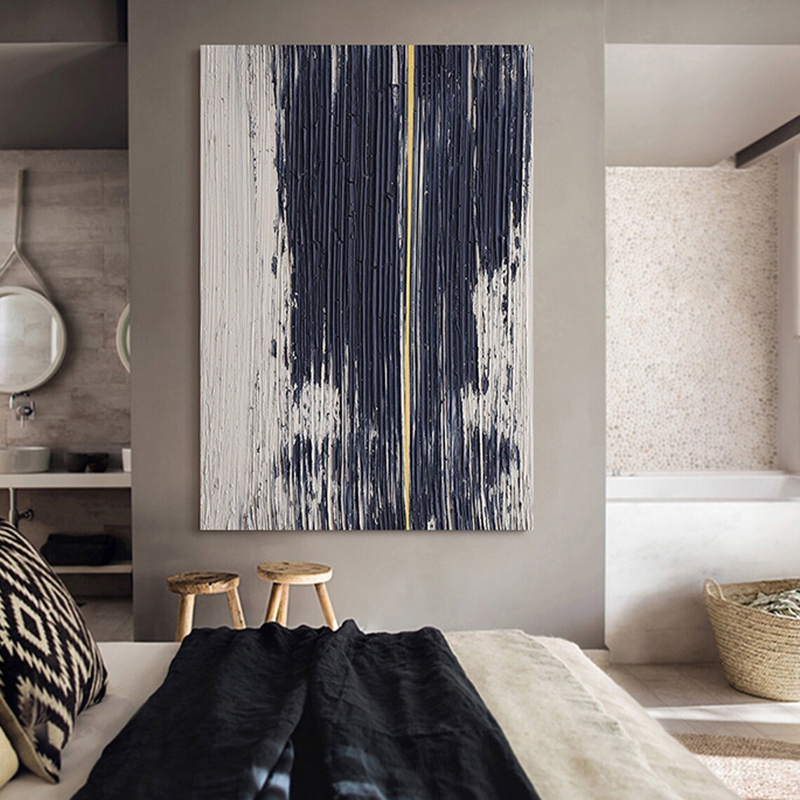 Large Wall Art Wind Blue Abstract Painting Line Art Blue and White ...