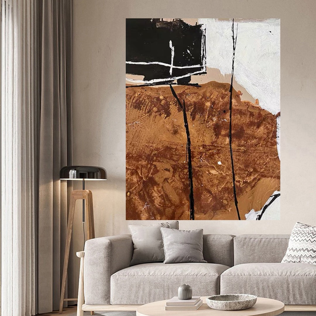 Brown Abstract Texture Painting, Minimalist Black Line Art - Etsy