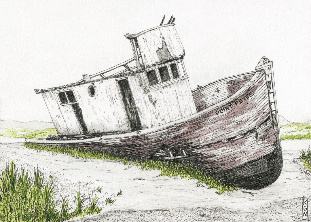 Tomales Bay Shipwreck Print: Derelict Fishing Boat Pen & Ink Drawing - Etsy