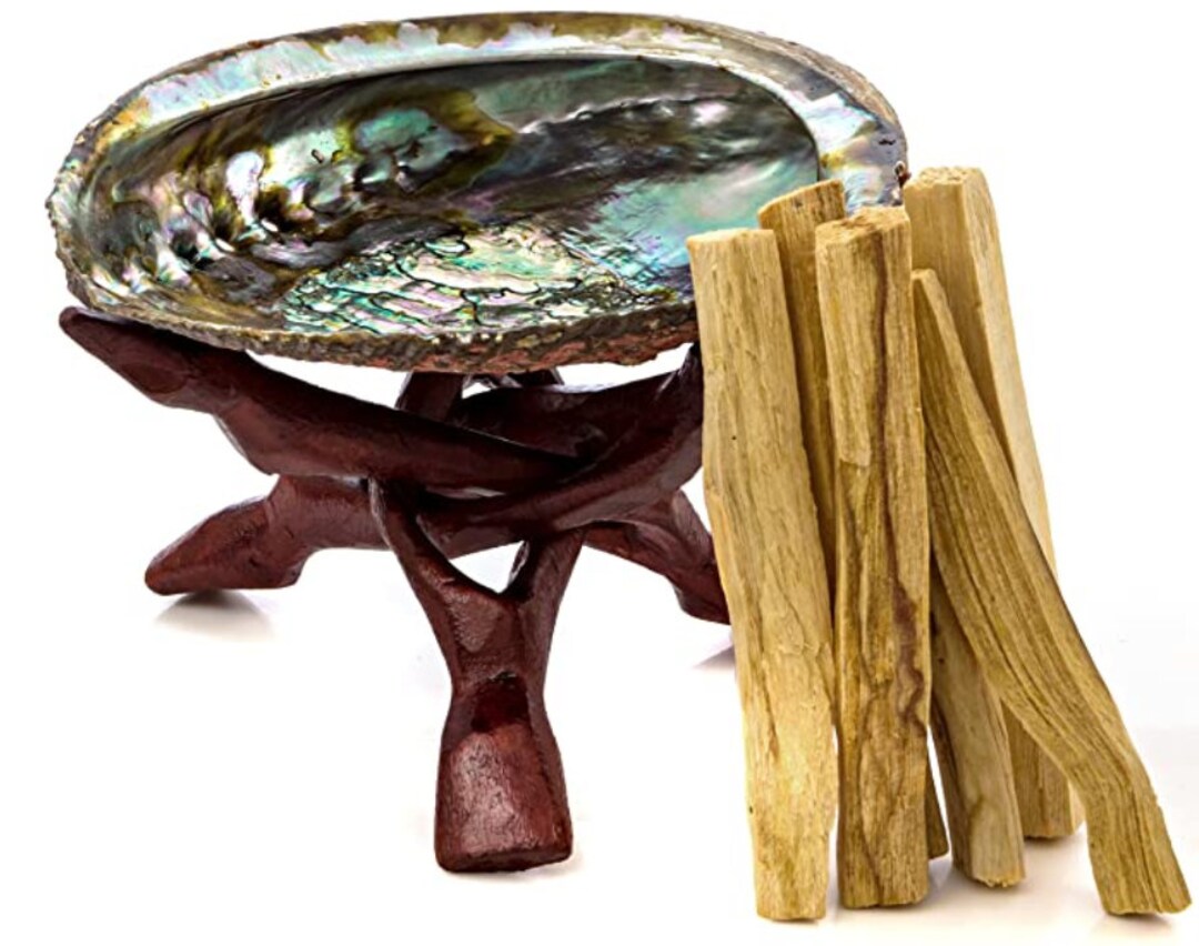 Abalone Shell With Stained Wooden Tripod Stand and 6 Palo Santo Sticks ...