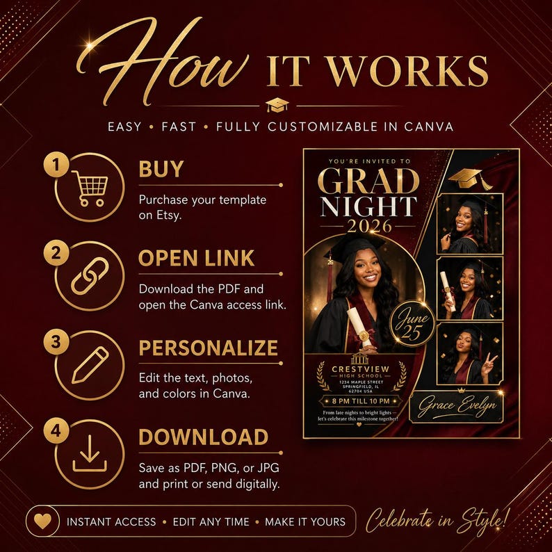 Graduation Party Flyer Template, Burgundy Gold Grad Invitation (digital ...