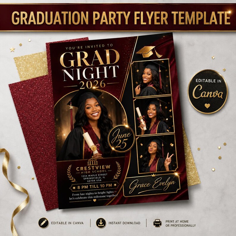 Graduation Party Flyer Template, Burgundy Gold Grad Invitation (digital ...