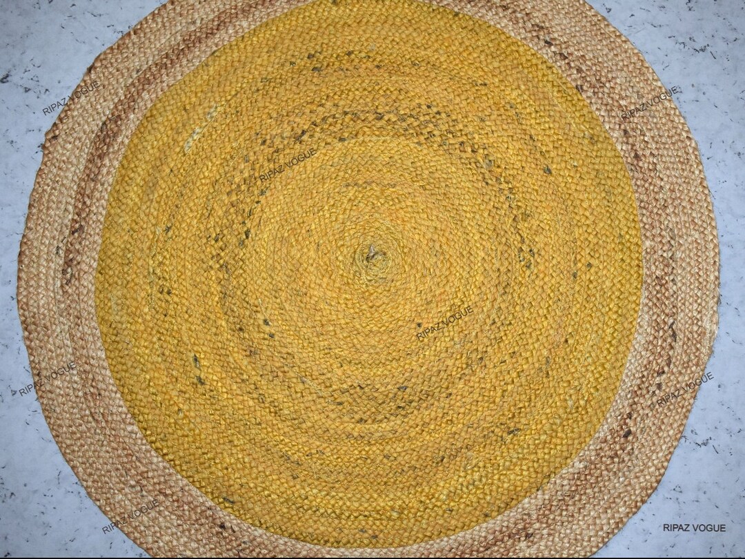 RUG Natural Jute Hand Braided Yellow With Beige Border Round - Etsy