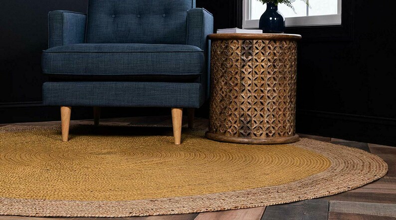 RUG Natural Jute Hand Braided Yellow With Beige Border Round - Etsy