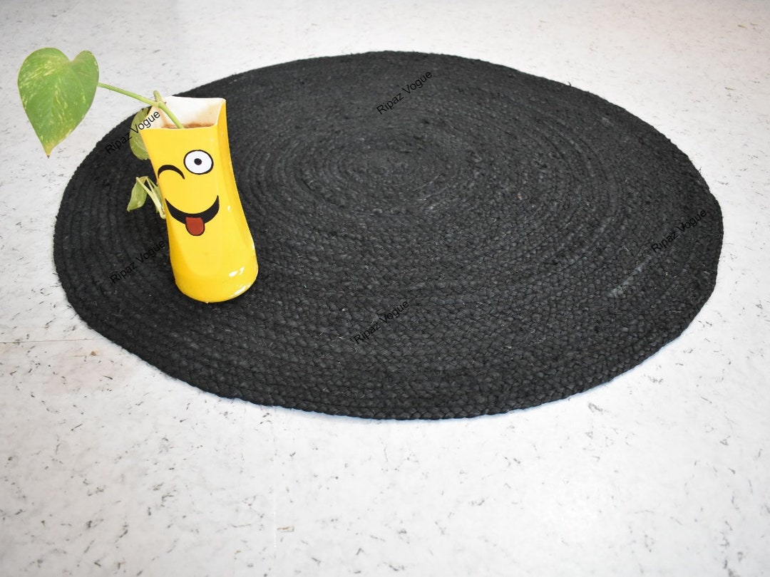 Round Black Jute Rug Hand Woven Braided Area Rug, Farmhouse Rug, Custom ...