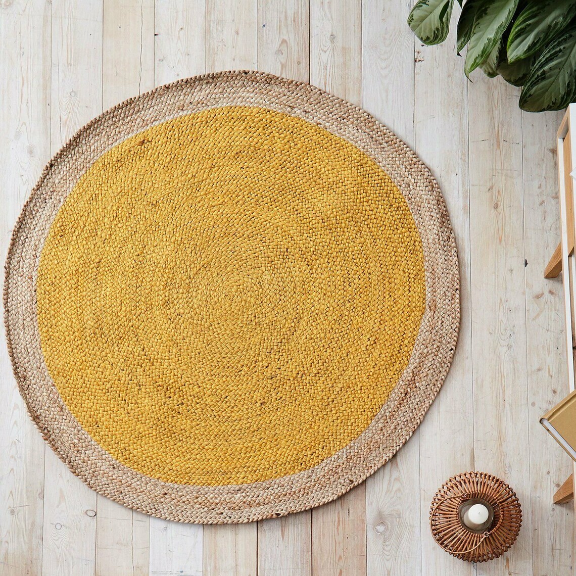 RUG Natural Jute Hand Braided Yellow With Beige Border Round - Etsy