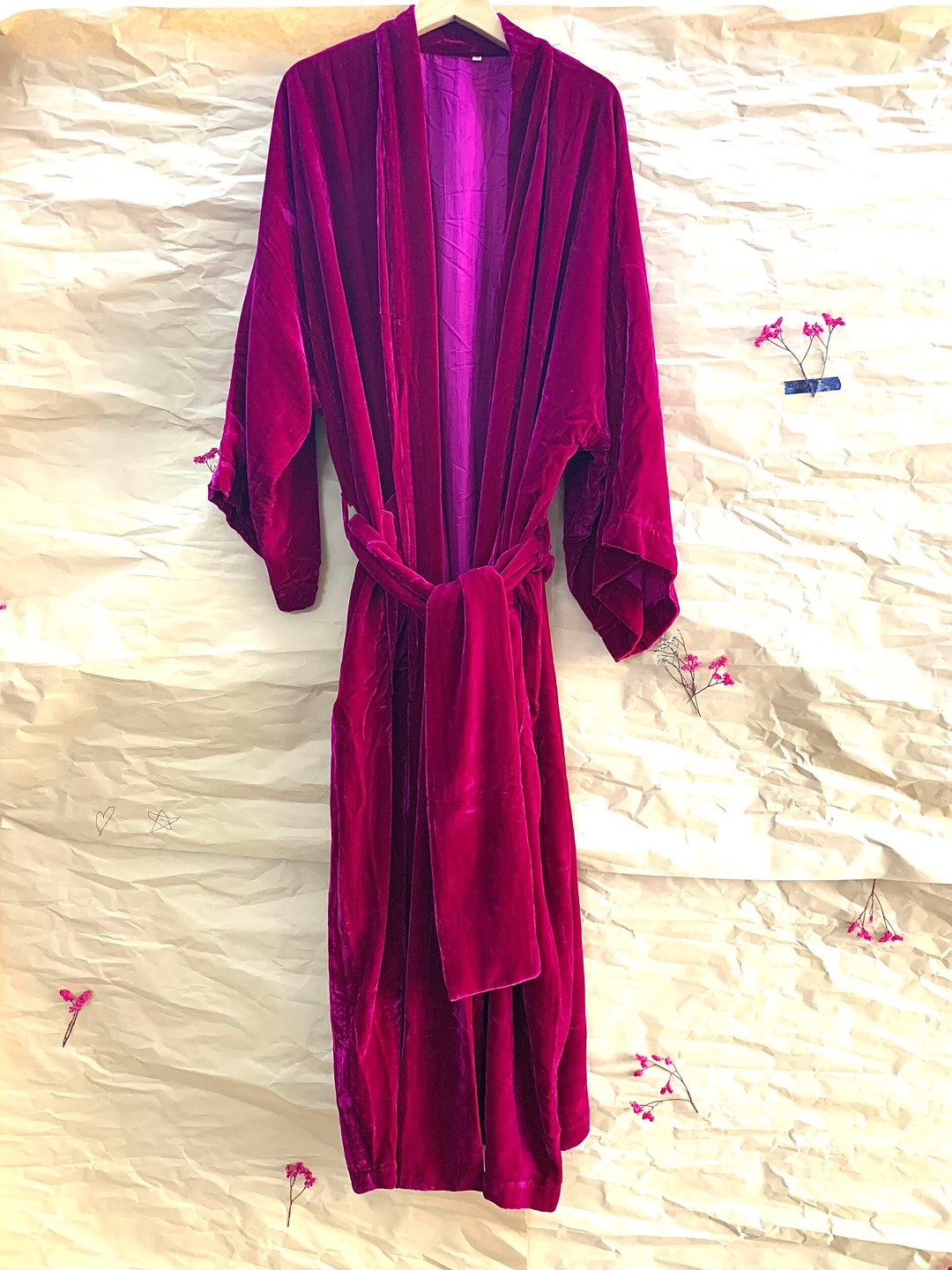 Silk Velvet Robe Kimono With Pocket and Belt, 100% Silk Lined, Velvet ...