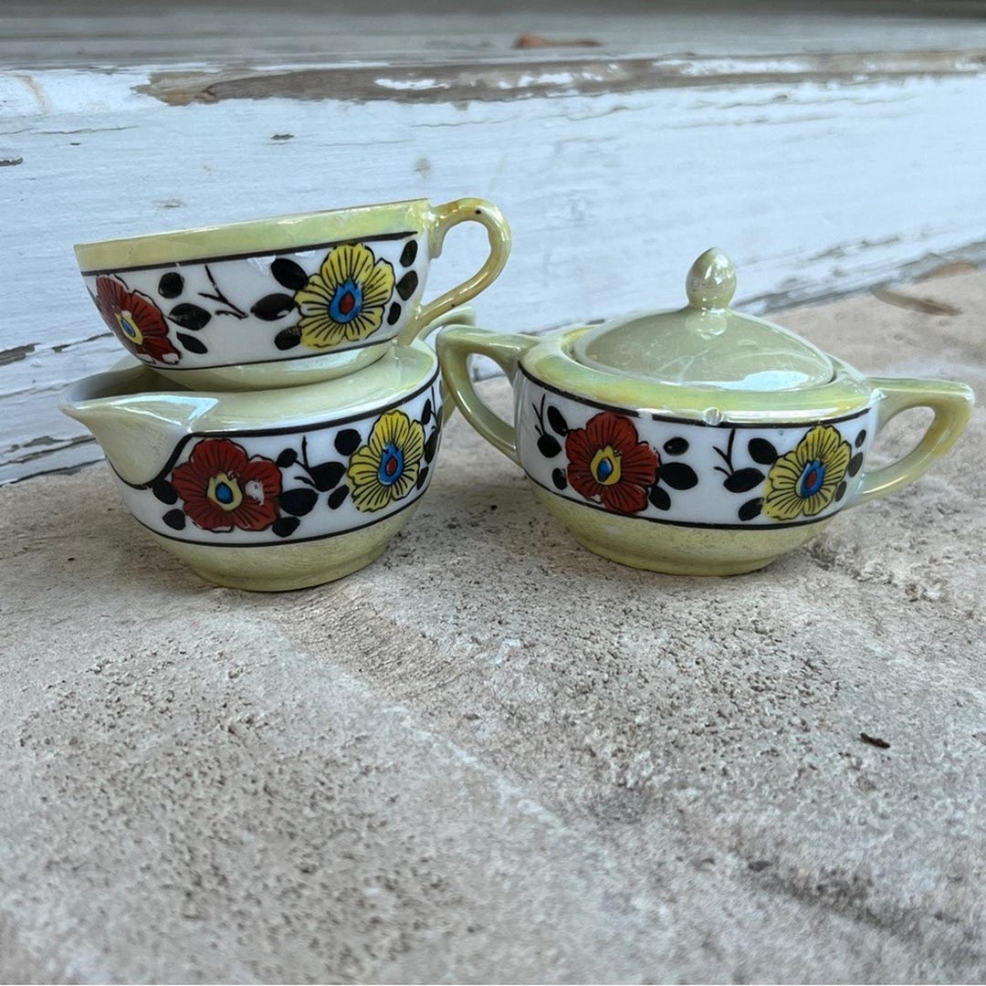 Japanese Lusterware Tea Set Vintage Hand Painted Flowers Yellow Rust ...