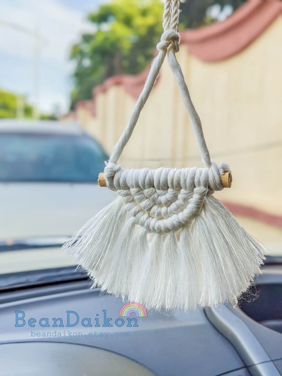 Fiber Arts Gray Semi Lunar Macrame Mirror Car Ornament Car Decor ...