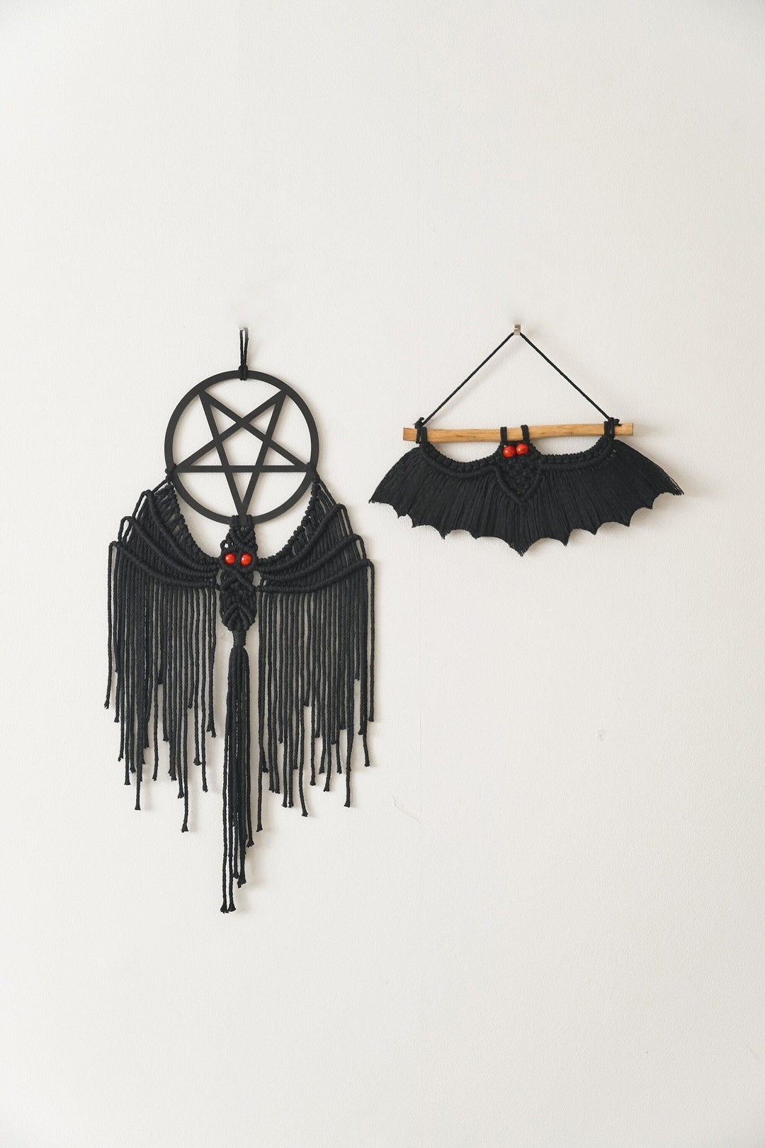 Gothic Bat Decor, Witchy Macrame Bat Dreamcatcher, Black Pentagram ...