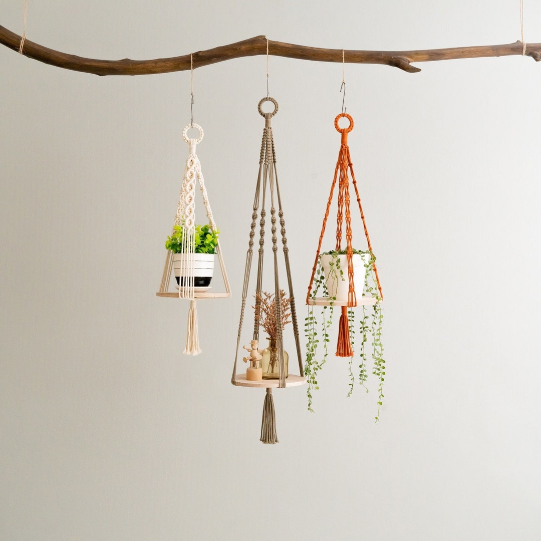 Portavasi in macramè, mensola sospesa per piante, portavasi in legno ...