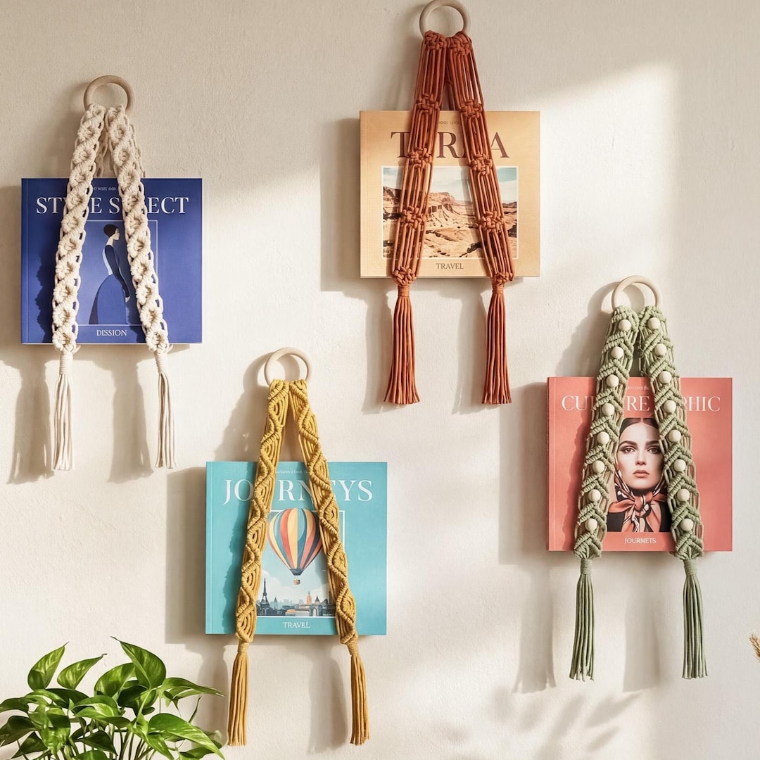 Macrame Book Holder Hanging Shelf Wall Storage Boho Home Organizer ...