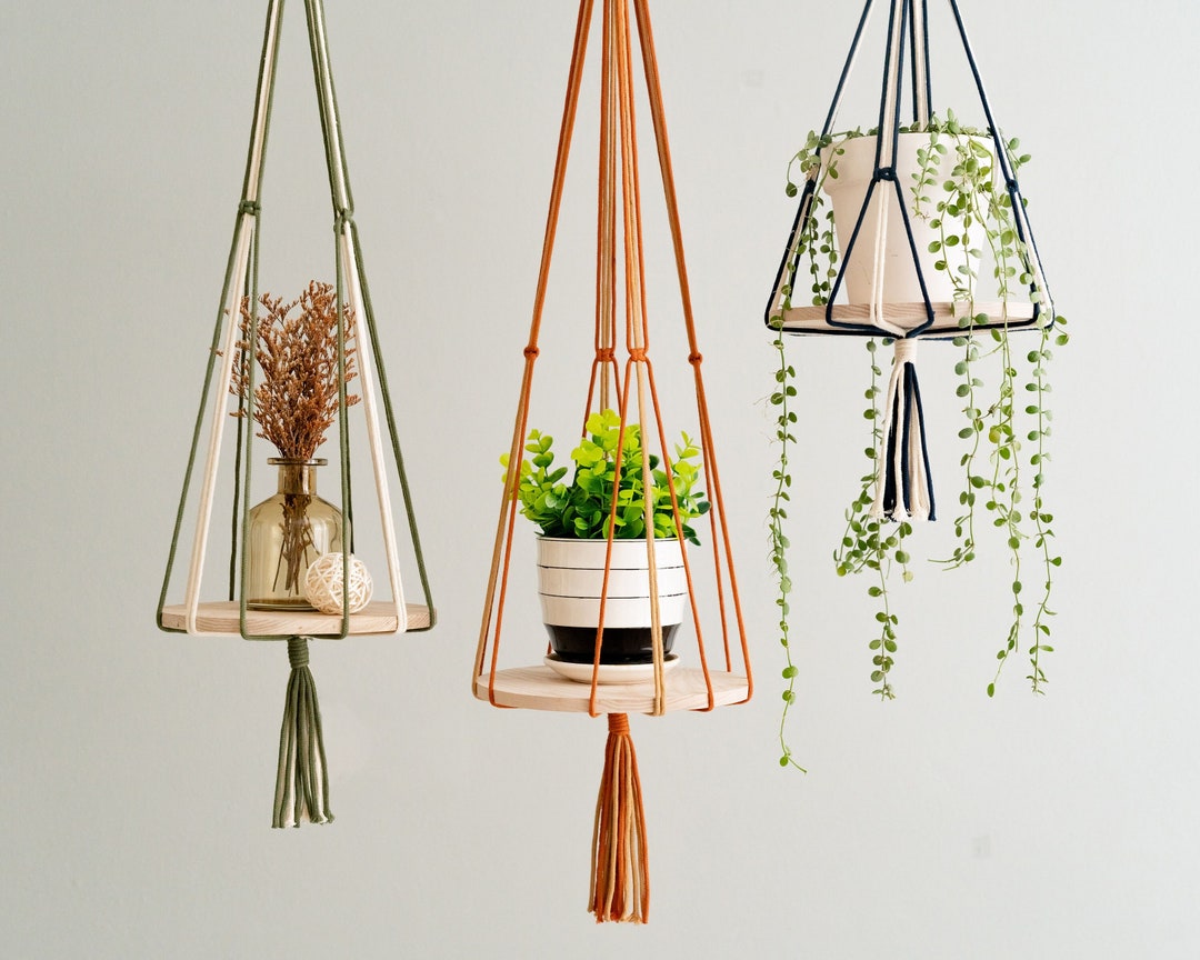 Ceiling Plant Holder, Macrame Plant Hanger, Wood Plant Shelf, Macrame ...