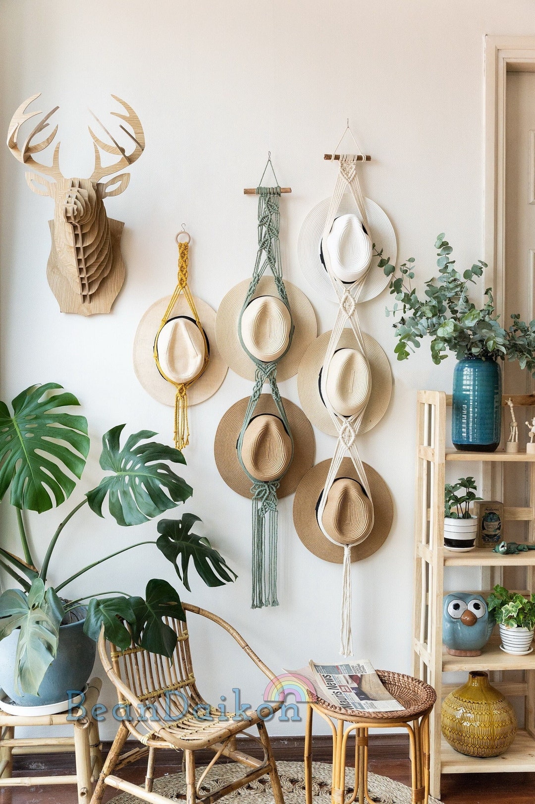 Boho Macrame Double Hat Hanger, Hat Organizer, Hat Rack, Hat Storage ...