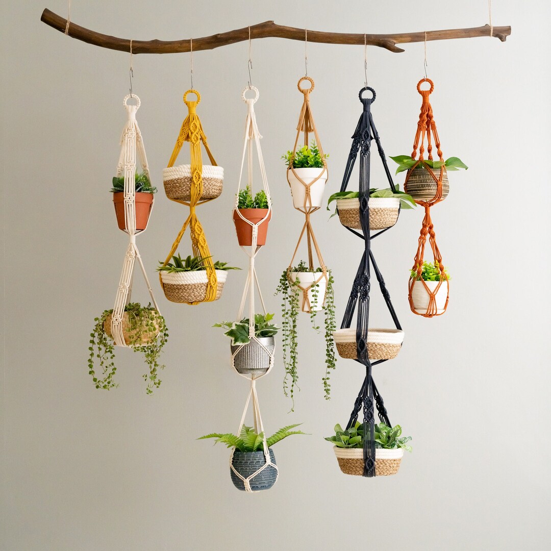 Triple Plant Hanger, Rustic Decor, Minimalist Planter, No Fringe Plant ...
