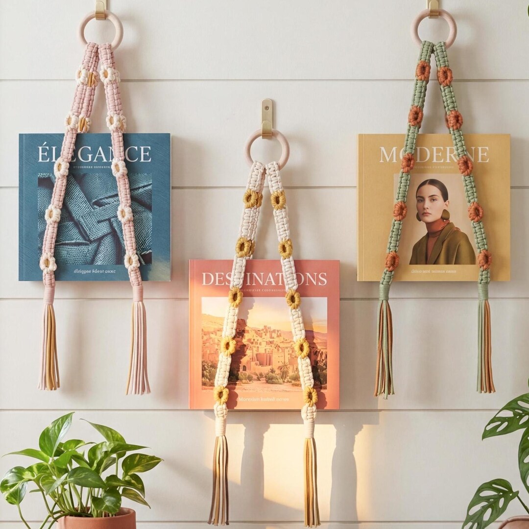 Macrame Book Holder Hanging Book Rack Boho Wall Display Storage Decor ...