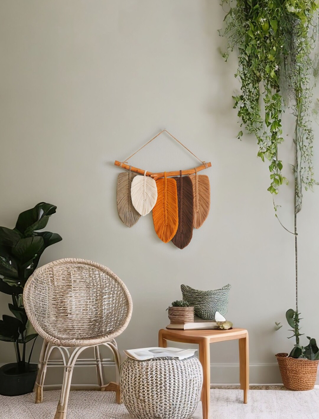 Macrame Feather Wall Hanging, Earth Tone Wall Art, Fall Leaf Wall ...