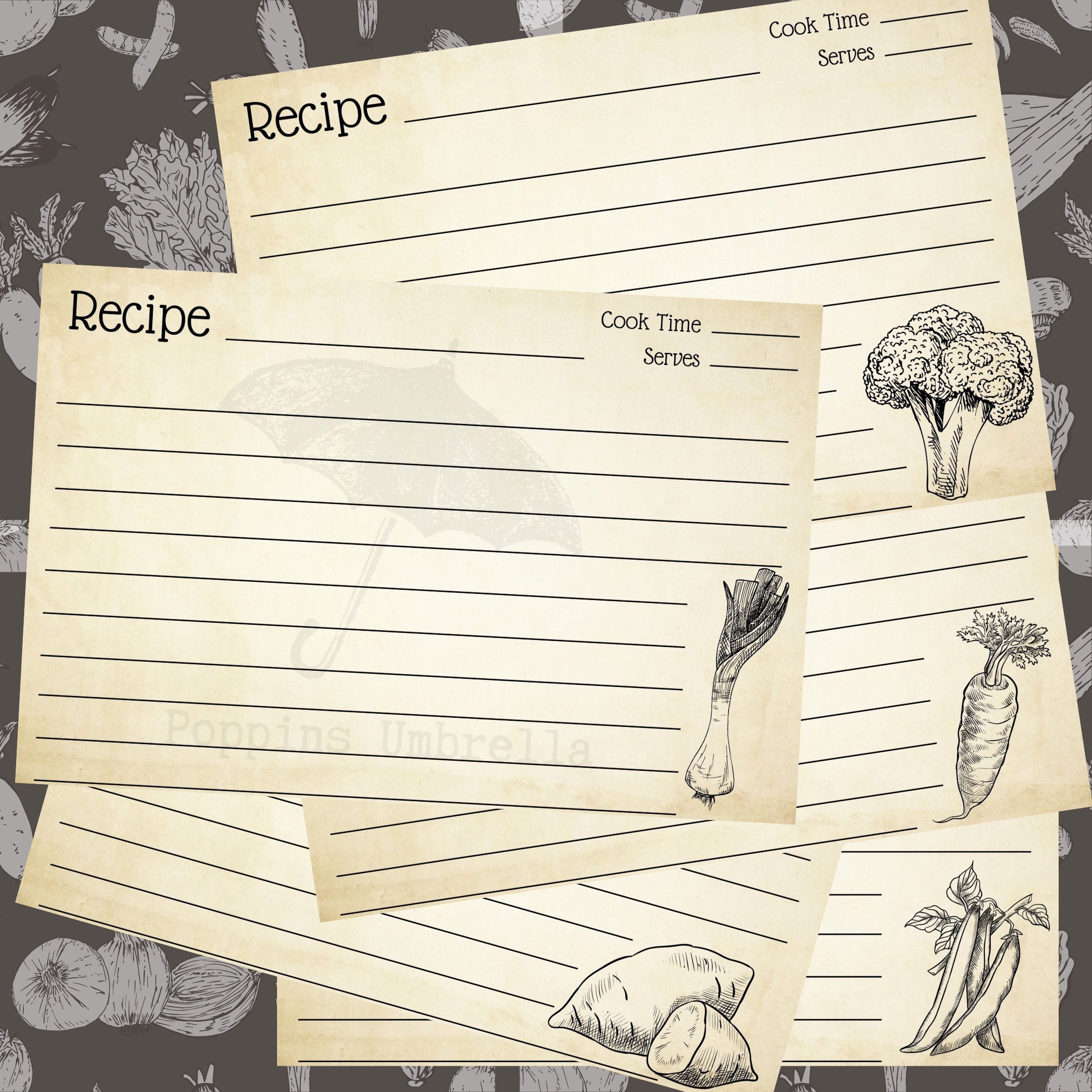 DIGITAL Vegetable Theme Recipe Cards Vintage 4x6 5 Designs - Etsy