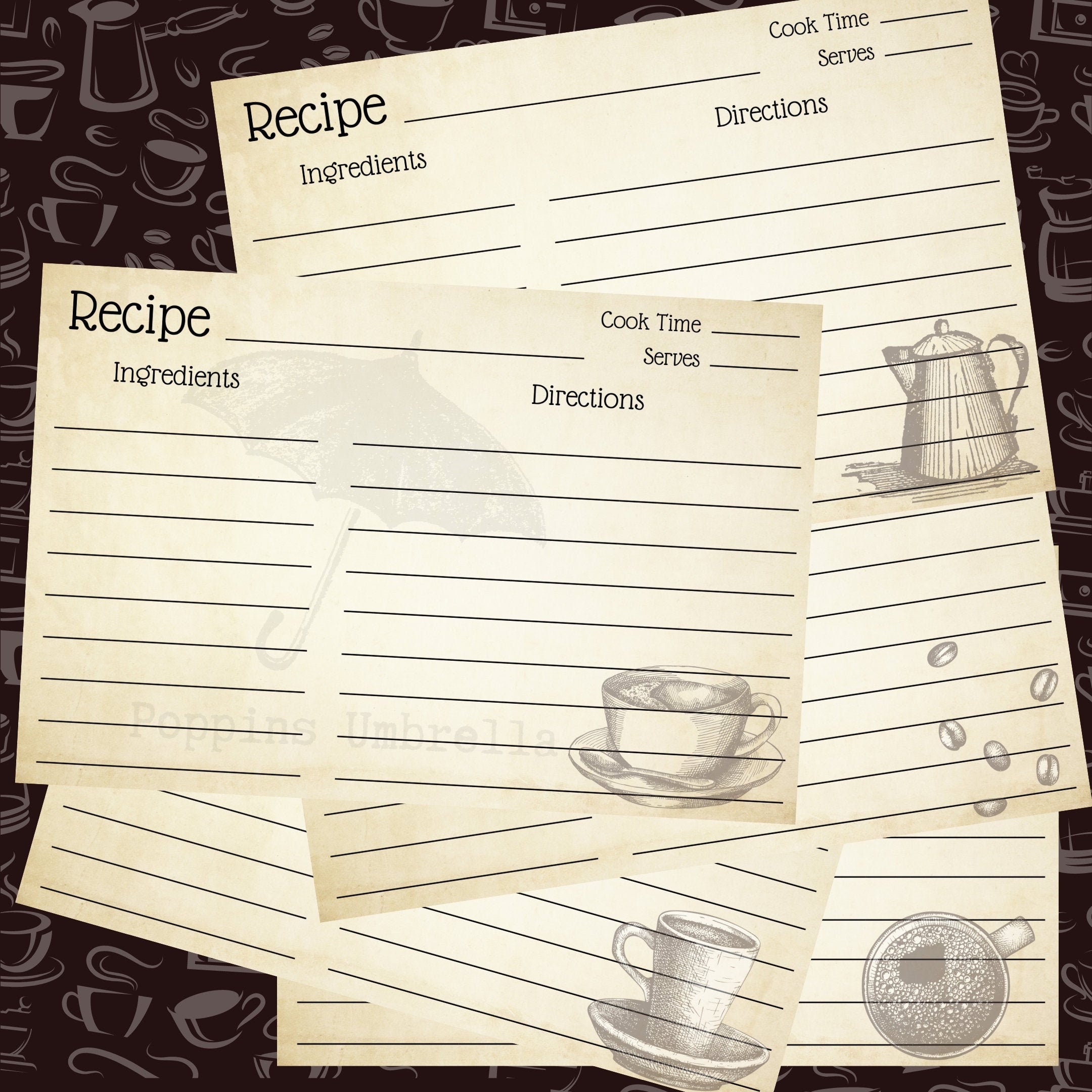 DIGITAL Coffee Theme Recipe Cards Vintage Style 2 4x6 5 - Etsy España