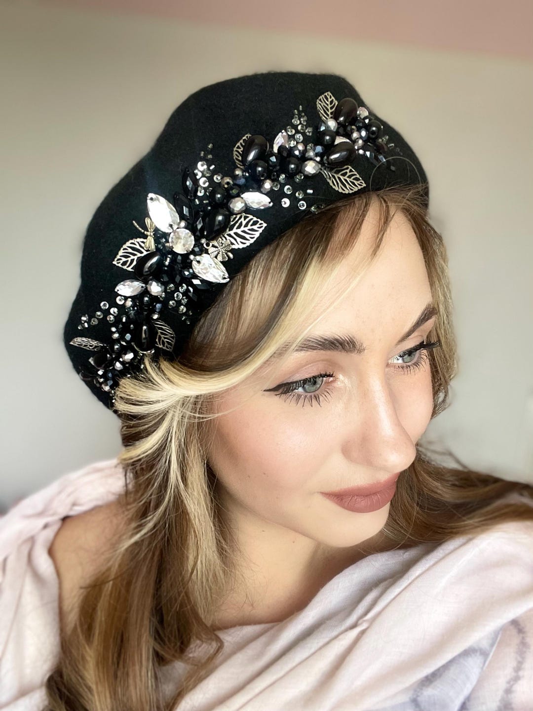 Hand Embroidered Wool Beret: Beaded Flower French Hat - Etsy