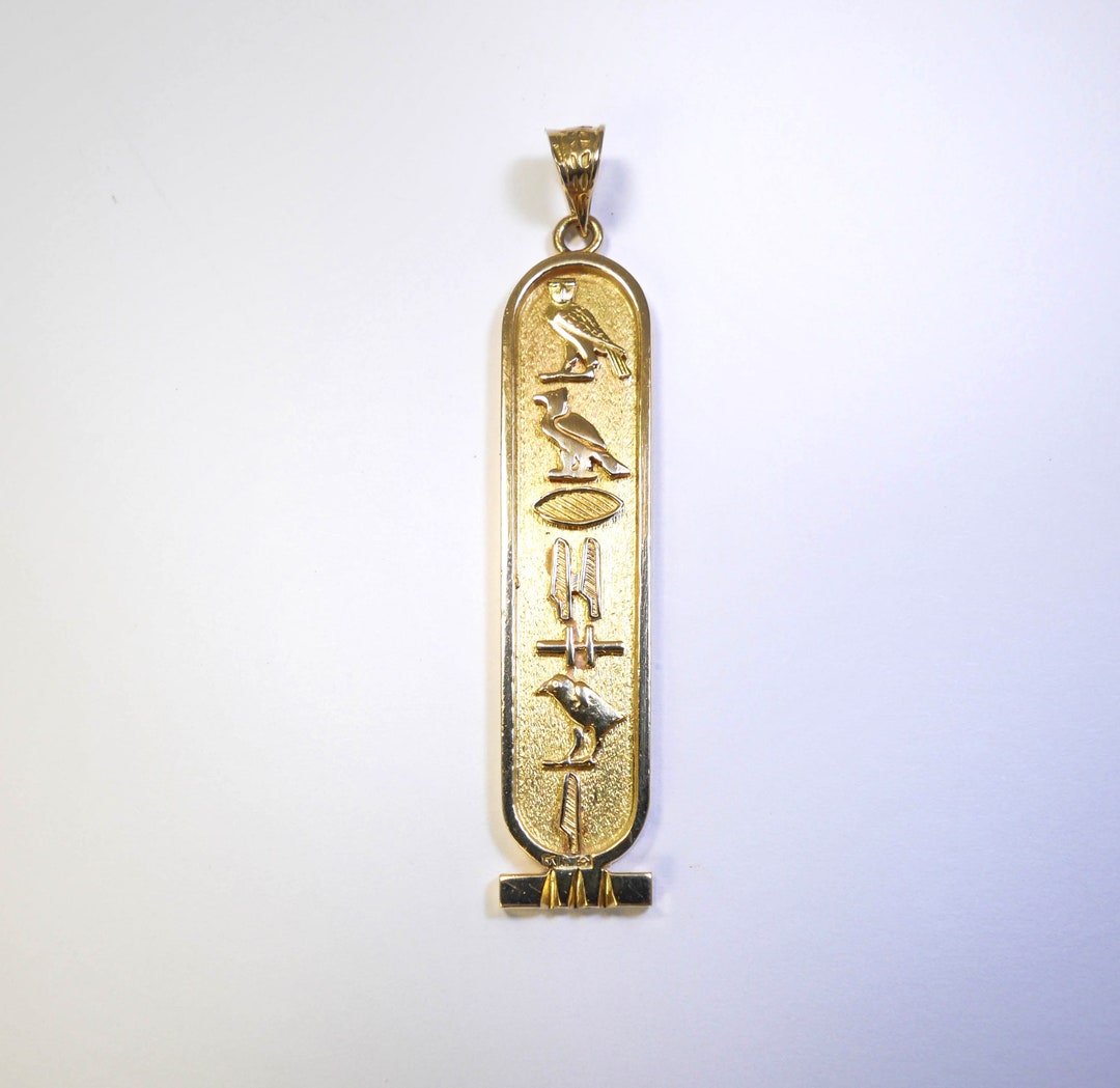 18K Solid Gold Cartouche Pendant, Personalized Egyptian Hieroglyphic ...