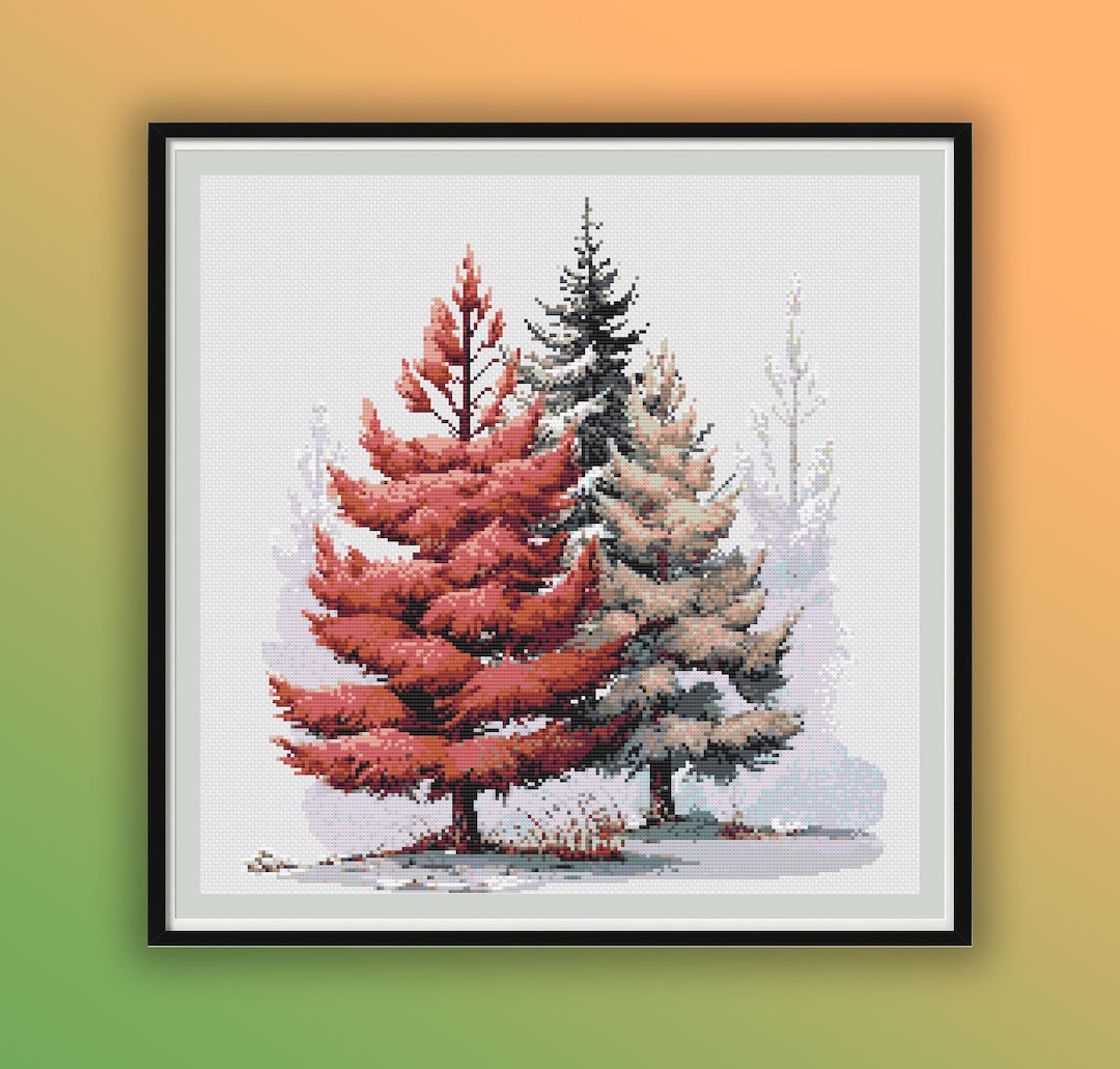 Watercolor Winter Pine Trees Counted Cross Stitch PDF Pattern, Snowy ...