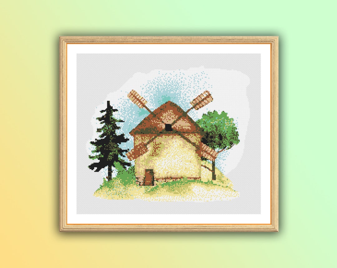 Pastoral Windmill Landscape Counted Cross Stitch Pattern - Spring Farm ...