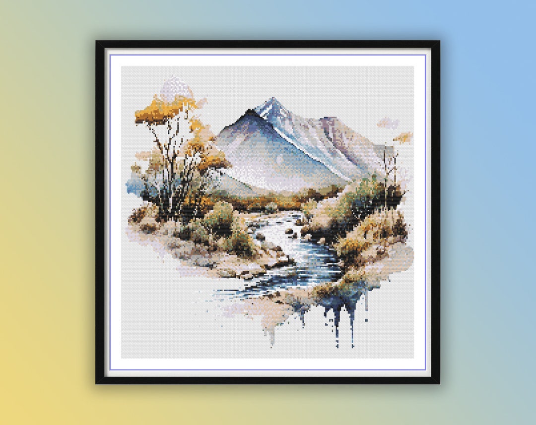 Watercolor River and Mountains Landscape Counted Cross Stitch PDF ...