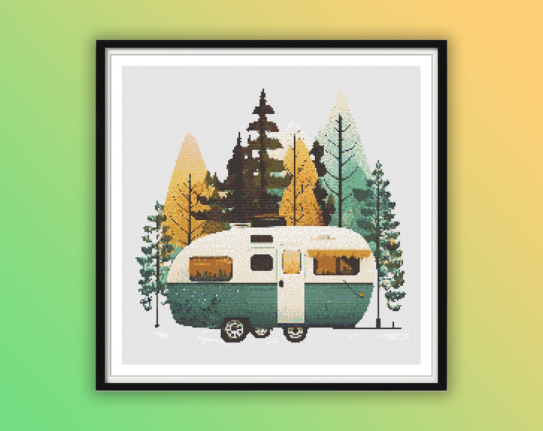 Watercolor Camping Forest Cross Stitch Pattern: Pine Trees, Caravan ...